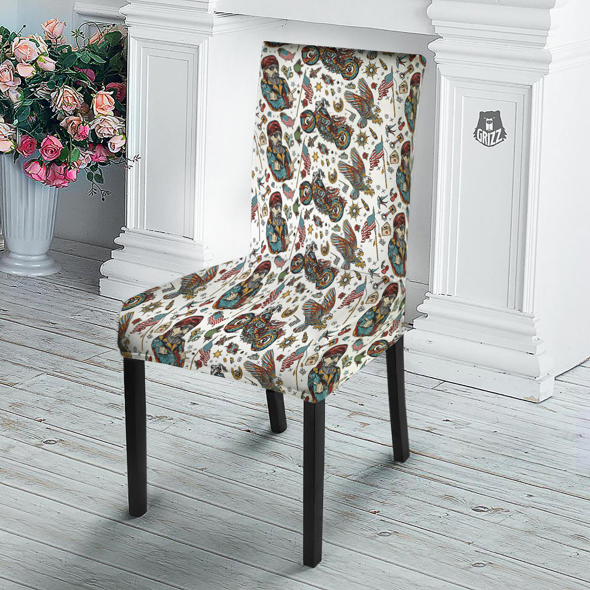 Bikers Old School Tattoo Print Pattern Dining Chair Slipcover