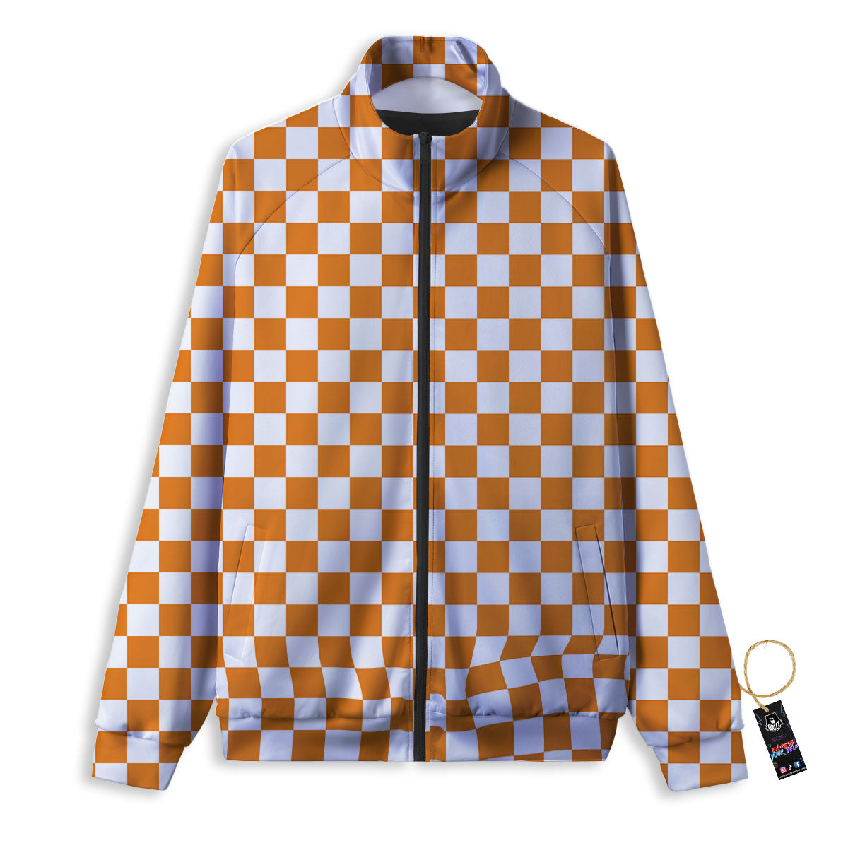 Checkered White And Orange Print Pattern Track Jacket