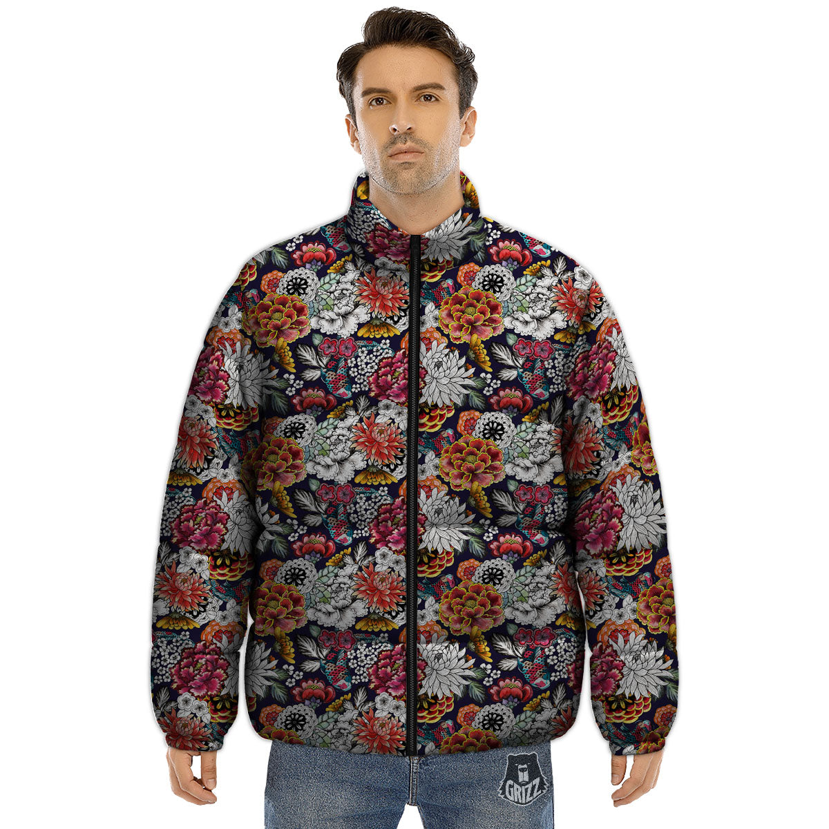 Chrysanthemum Japanese Print Pattern Puffer Jacket