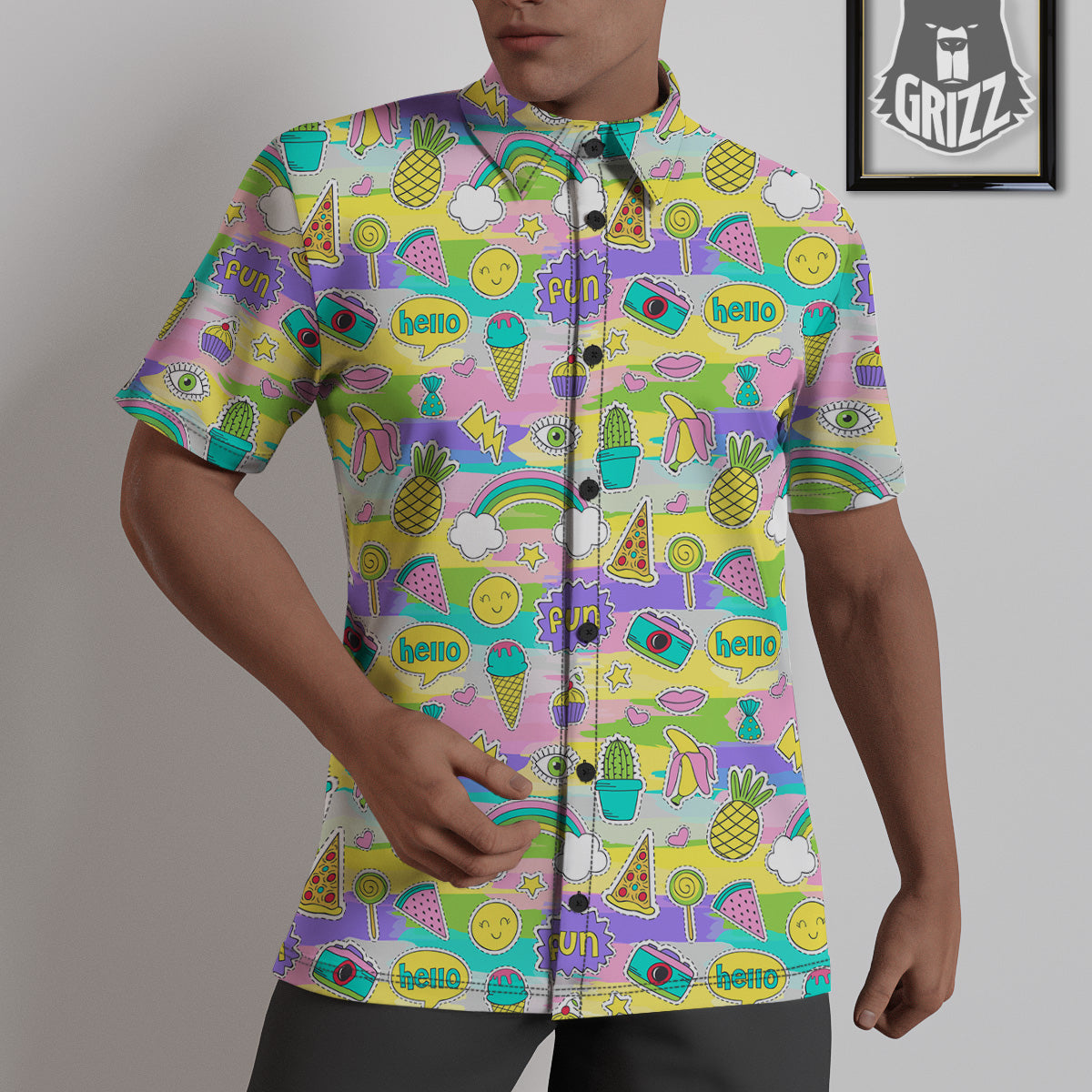 Colorful And Cute Stickers Print Pattern Untucked Shirts