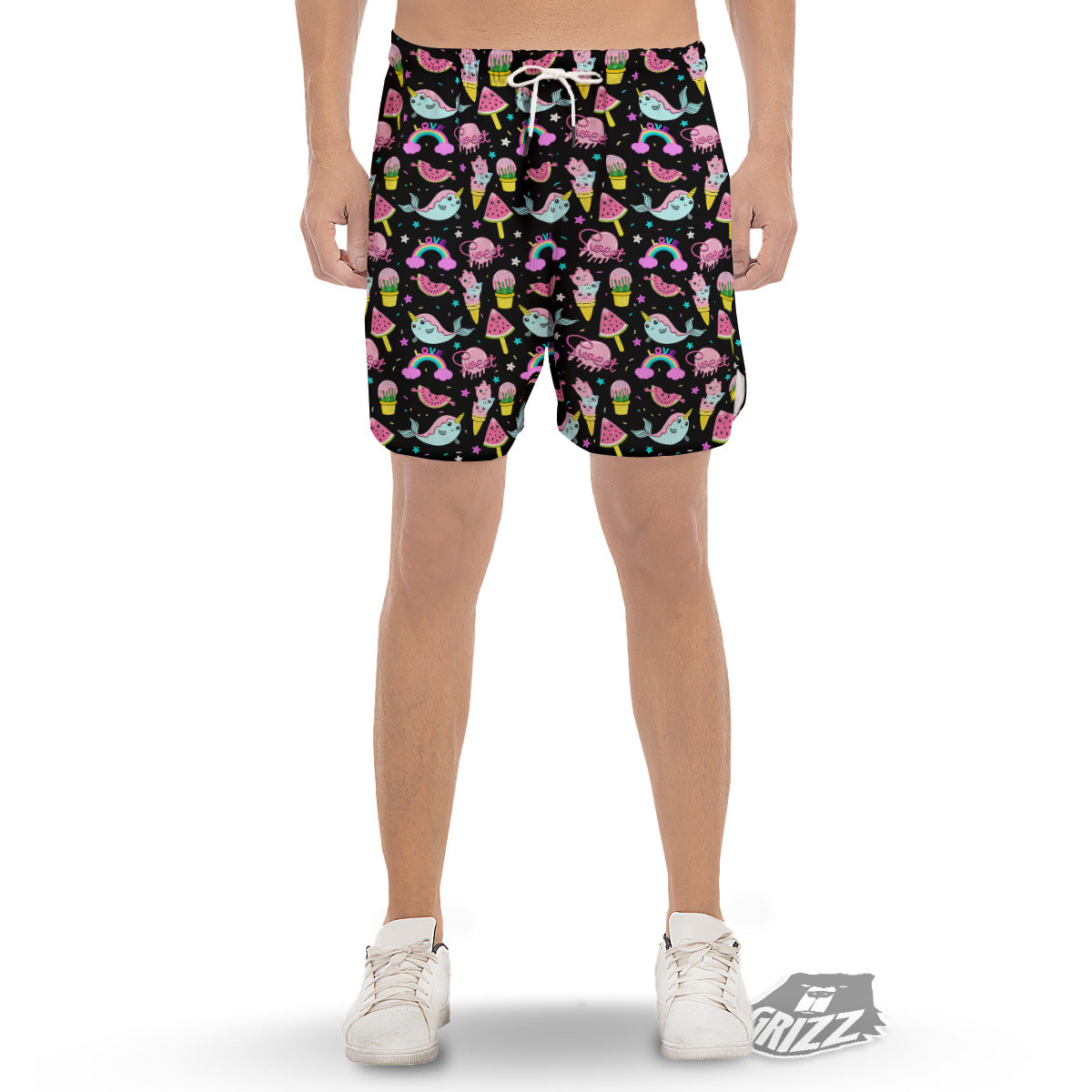 Cute Pink Ice Cream Narwhal Rainbow Print Pattern Men's Gym Shorts