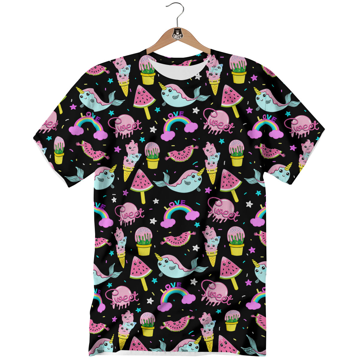 Cute Pink Ice Cream Narwhal Rainbow Print Pattern T-Shirt