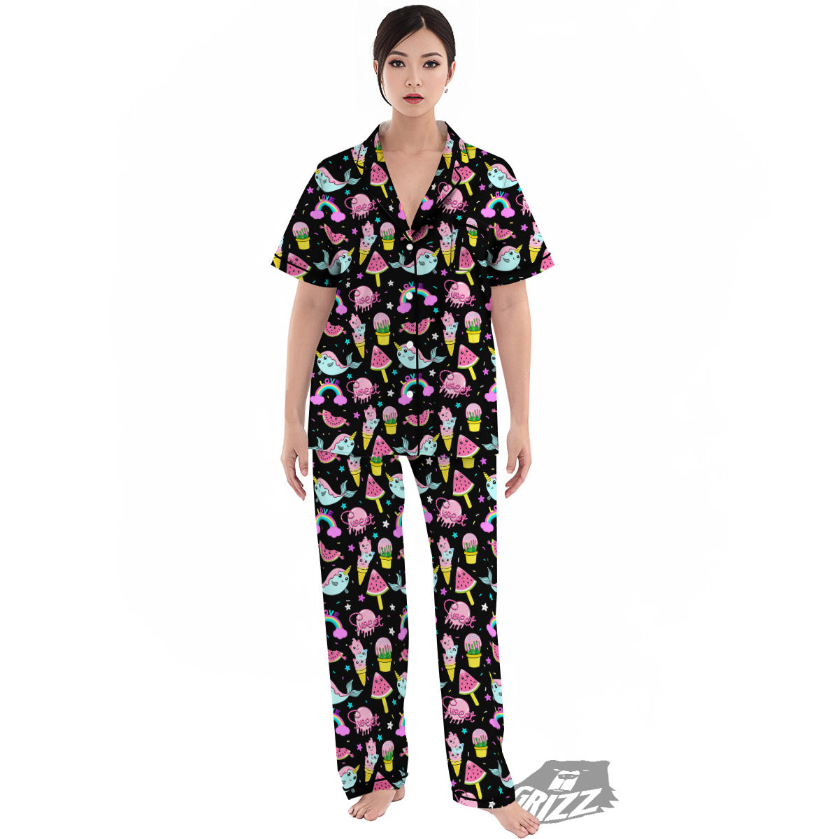 Cute Pink Ice Cream Narwhal Rainbow Print Pattern Women's Pajamas Set