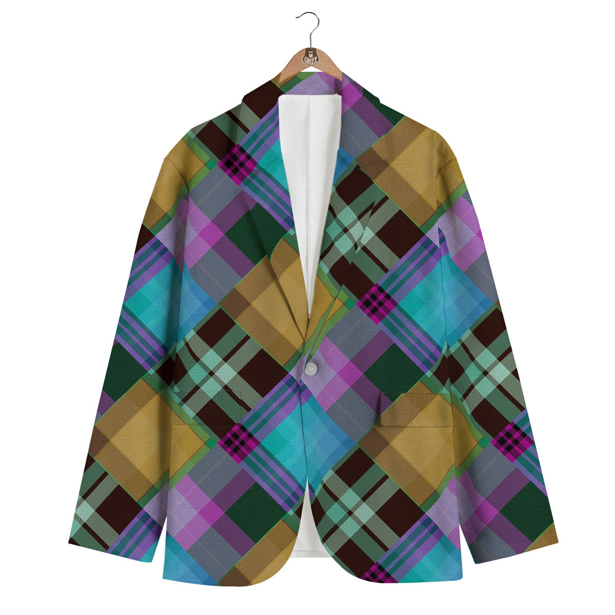 Diagonal Madras Blue Tartan Plaid Print Pattern Men's Blazer