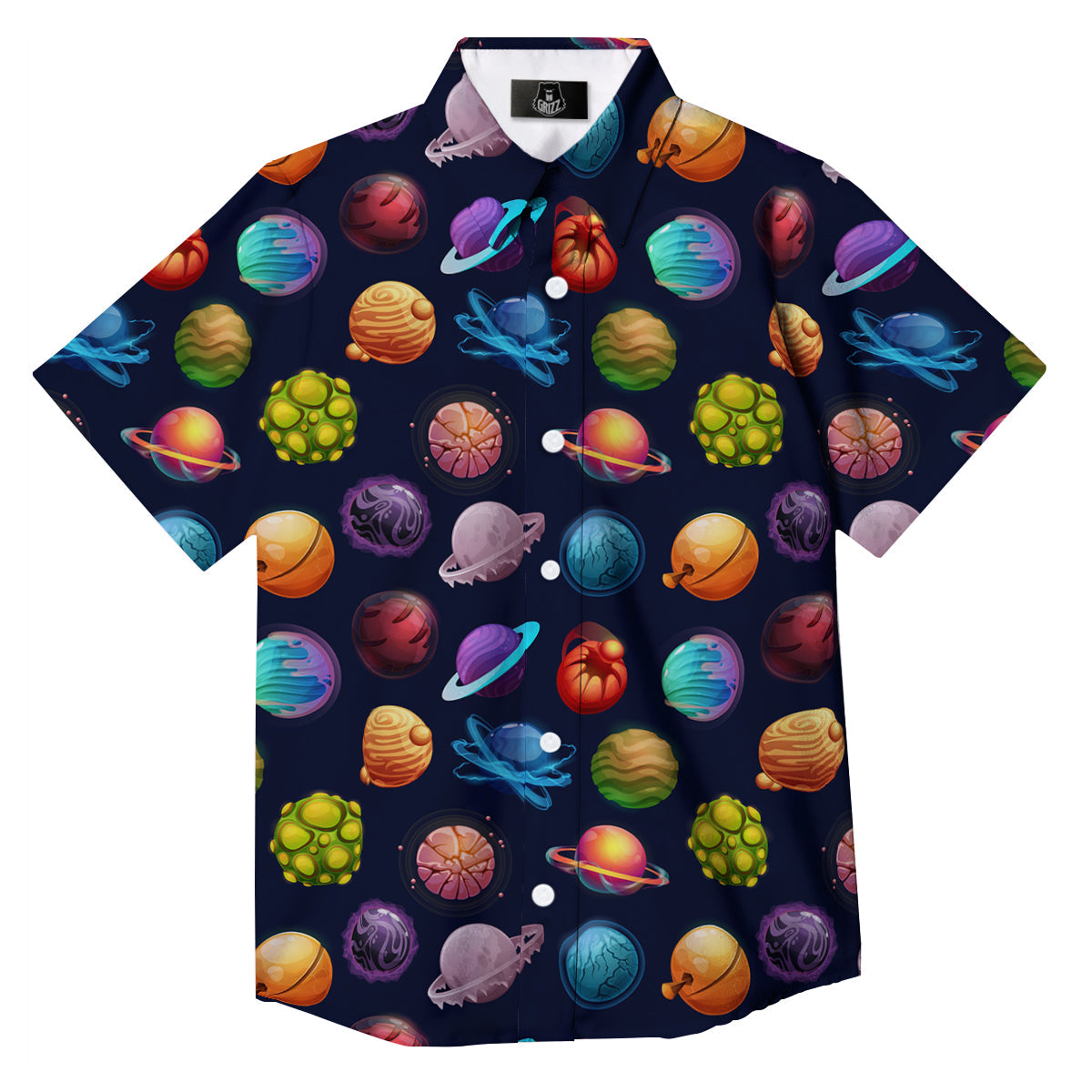 Futuristic Planets And Stars Colorful Print Pattern Button Up Shirt