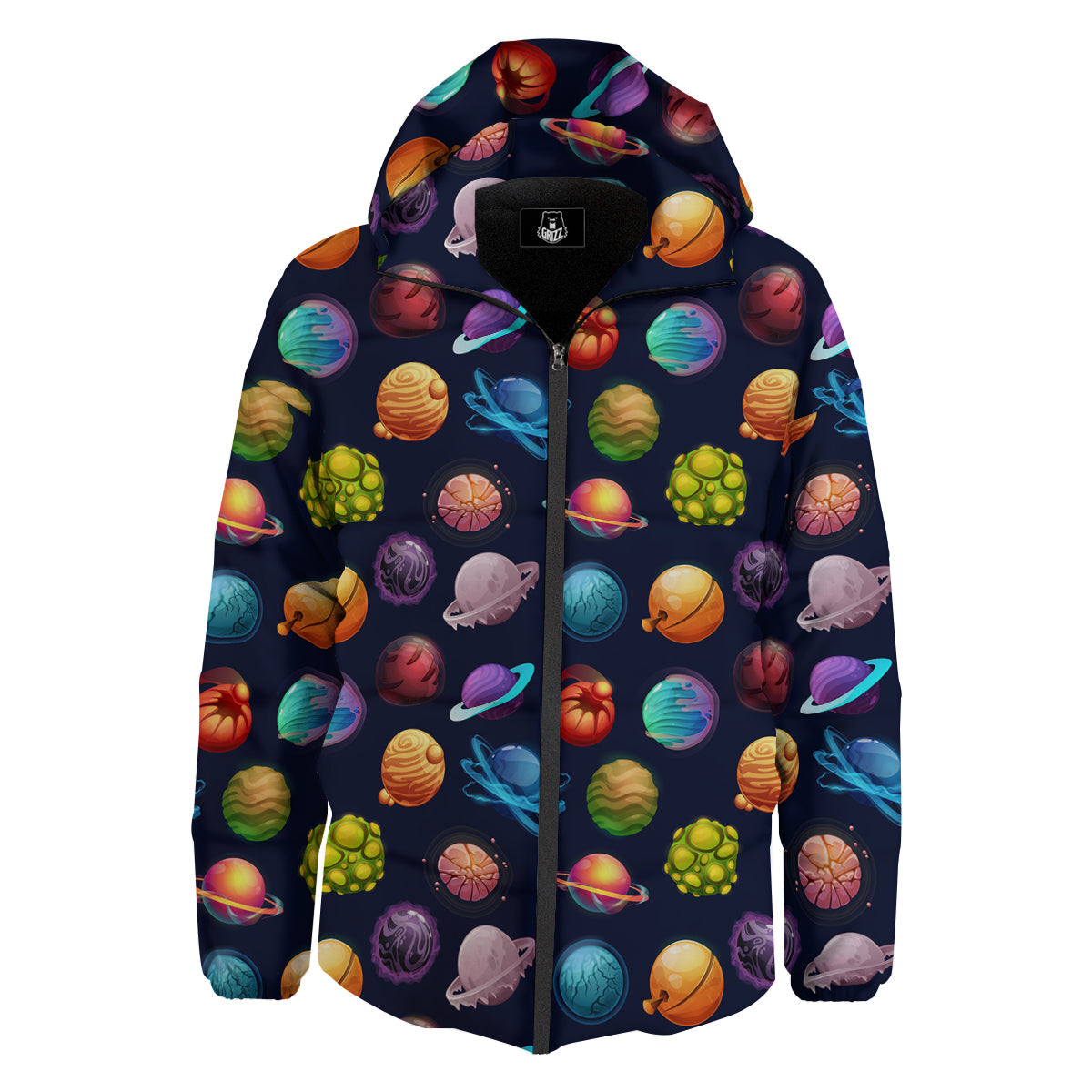 Futuristic Planets And Stars Colorful Print Pattern Down Jacket