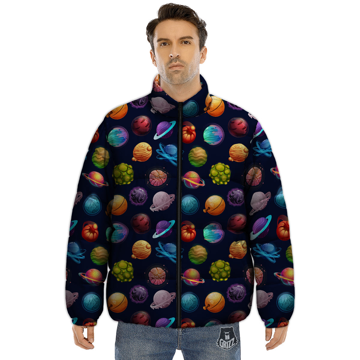 Futuristic Planets And Stars Colorful Print Pattern Puffer Jacket