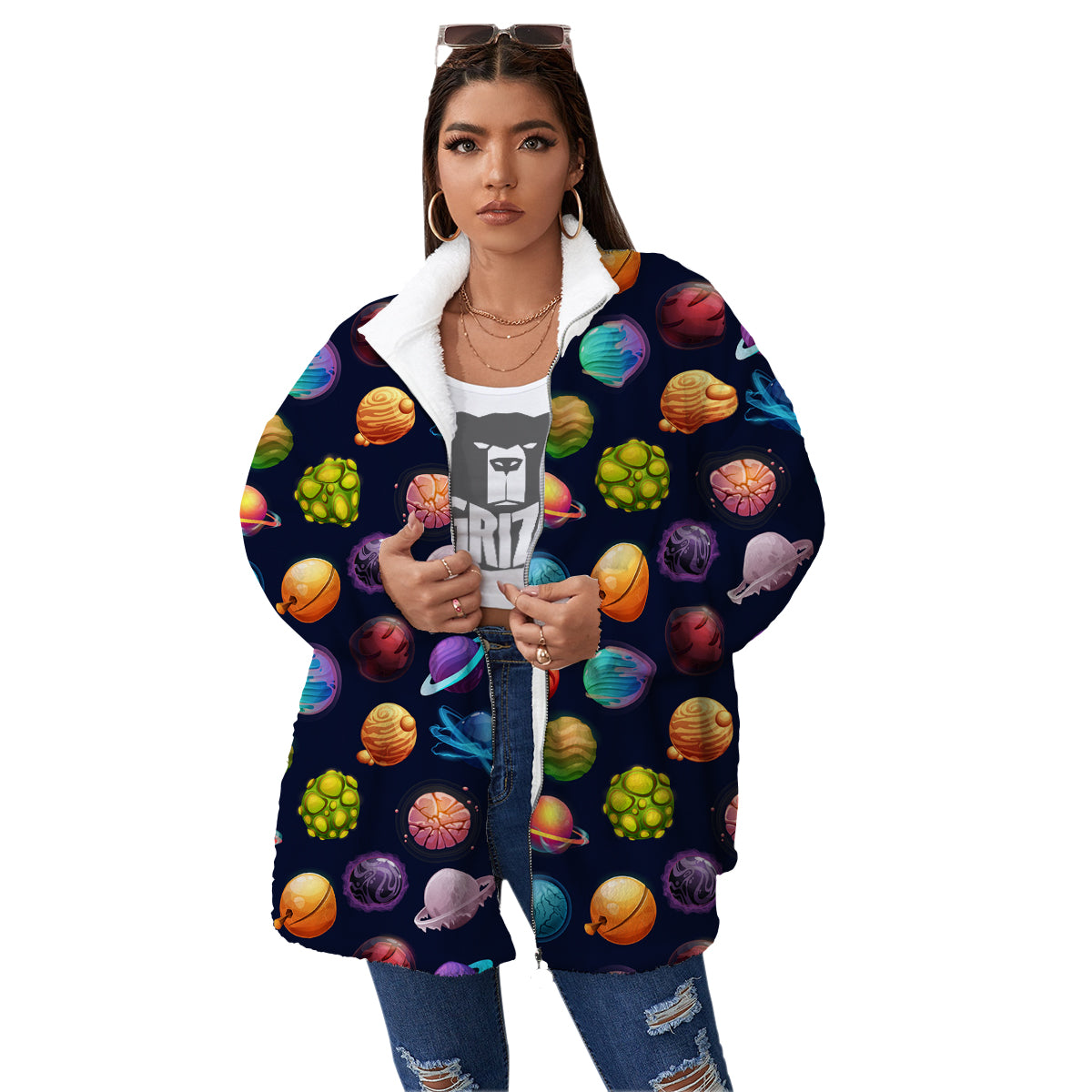 Futuristic Planets And Stars Colorful Print Pattern Women's Sherpa Jacket