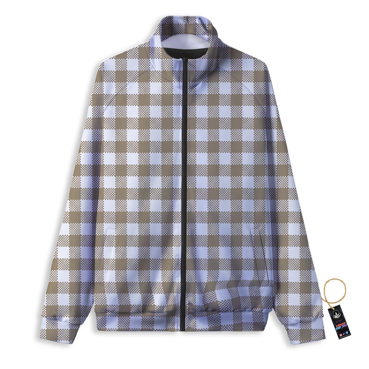 Gingham White And Tan Print Pattern Track Jacket