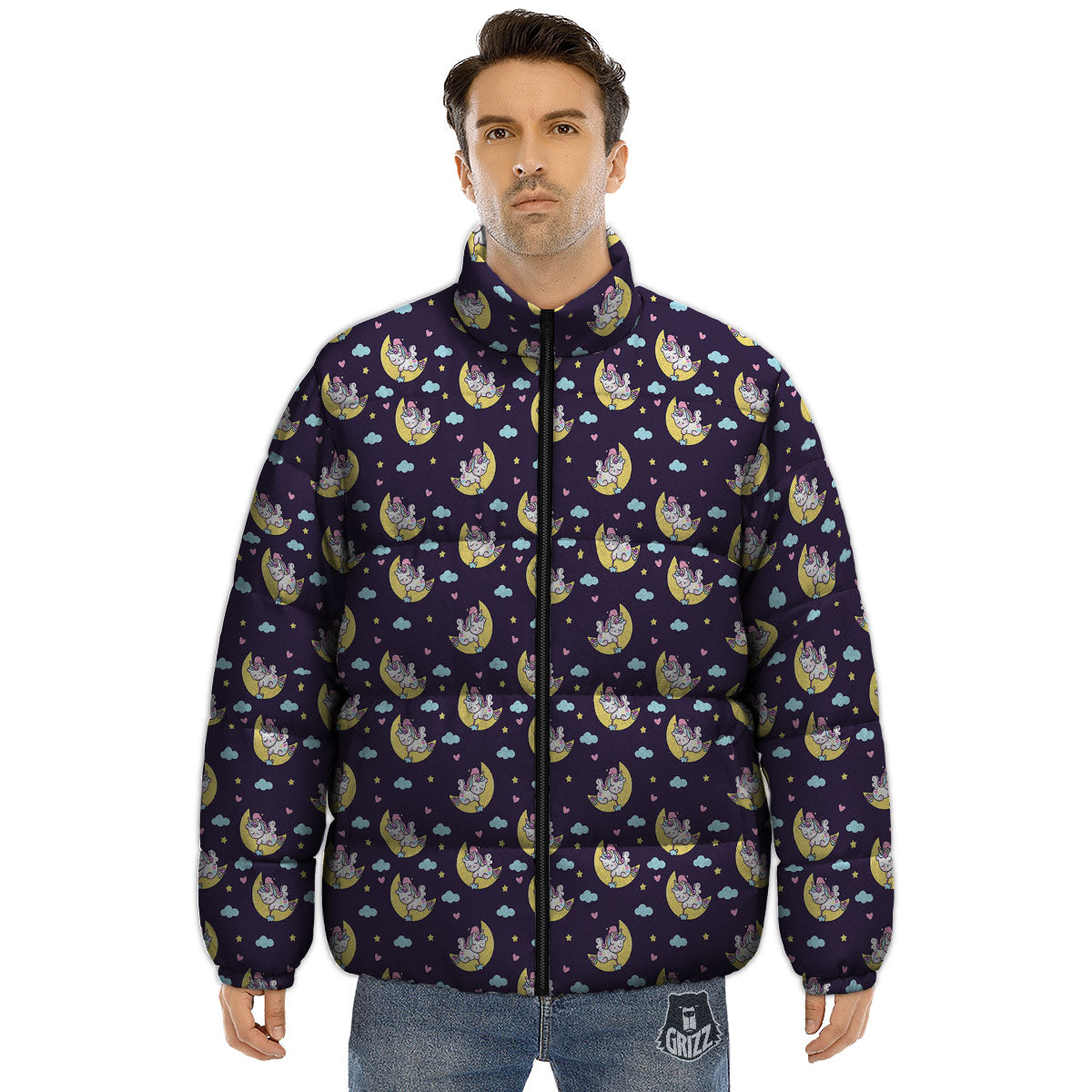 Girly Unicorn Night Print Pattern Puffer Jacket