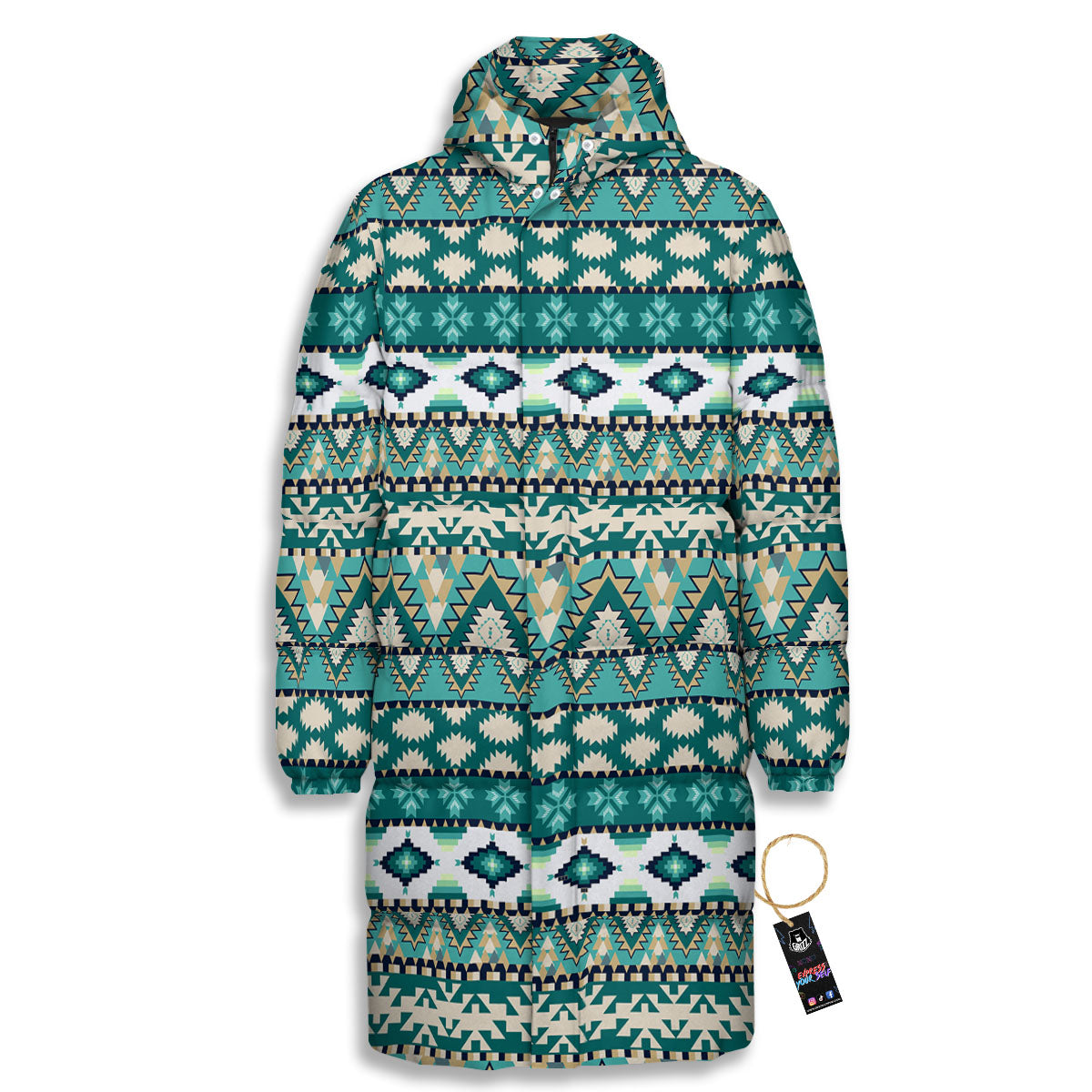 Green Indian Tribal Native Print Pattern Long Down Jacket