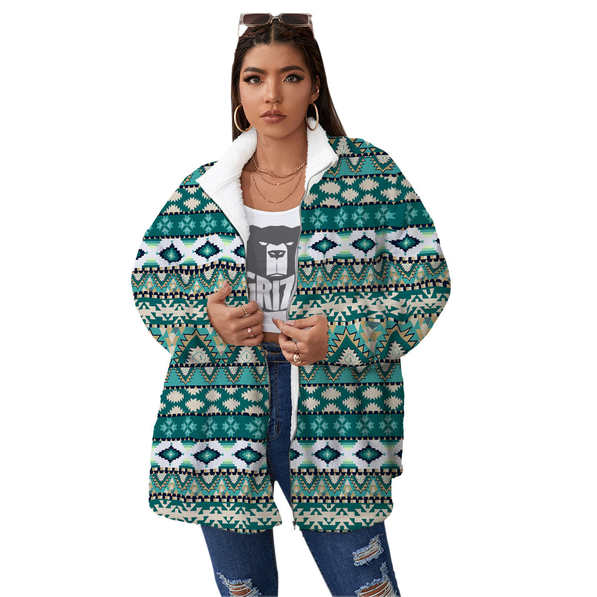 Green Indian Tribal Native Print Pattern Women's Sherpa Jacket