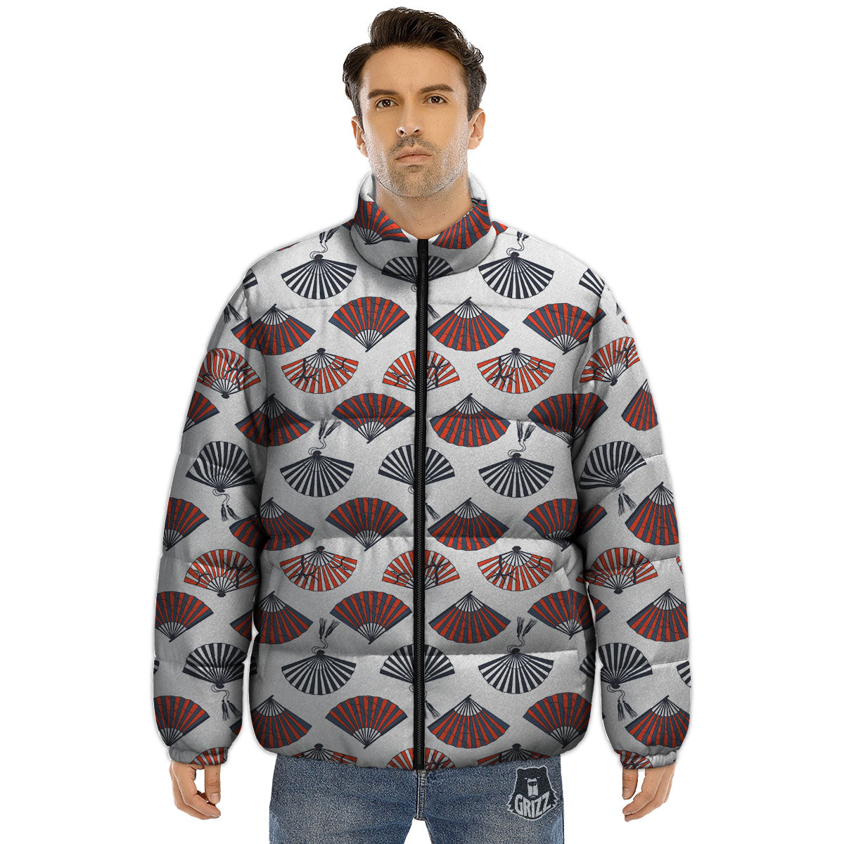 Hand Fan Japanese Print Pattern Puffer Jacket