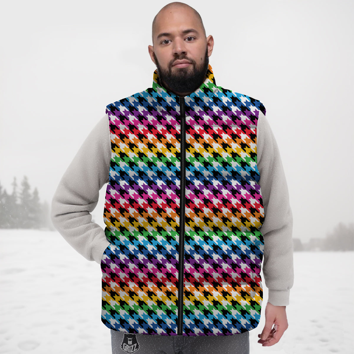 Houndstooth Rainbow Pride Print Pattern Down Vest