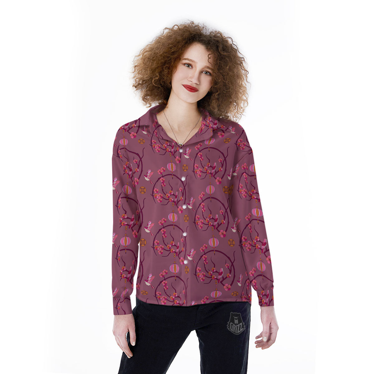 Japanese Lantern Pink Print Pattern Women's Long Sleeve Shirts