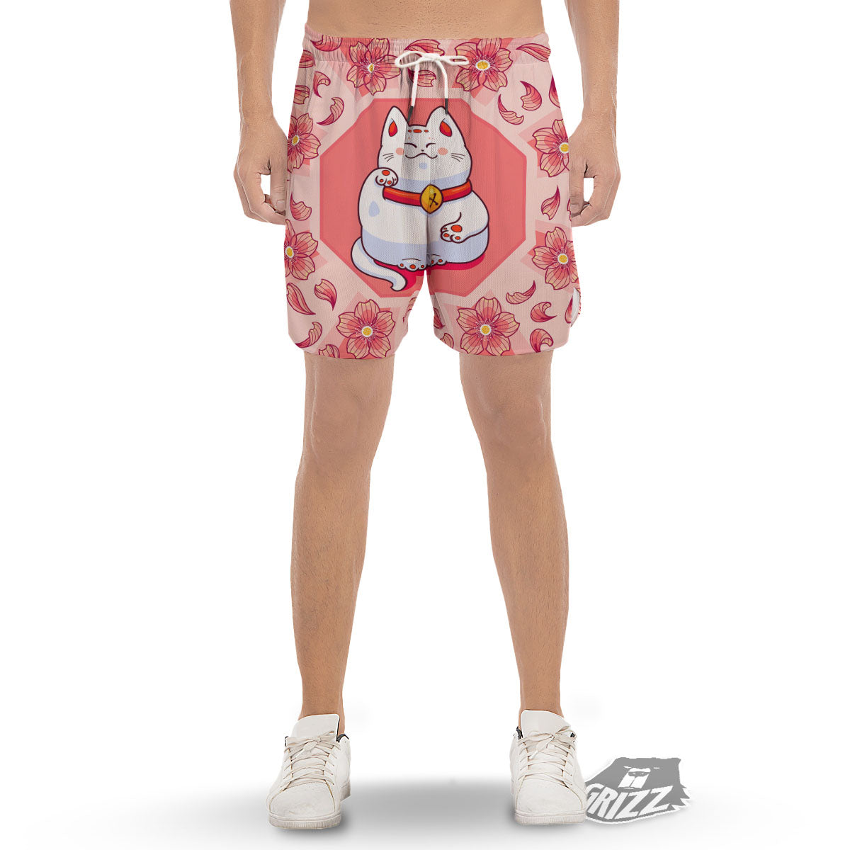 Lucky Cat And Sakura Japanese Print Men's Gym Shorts