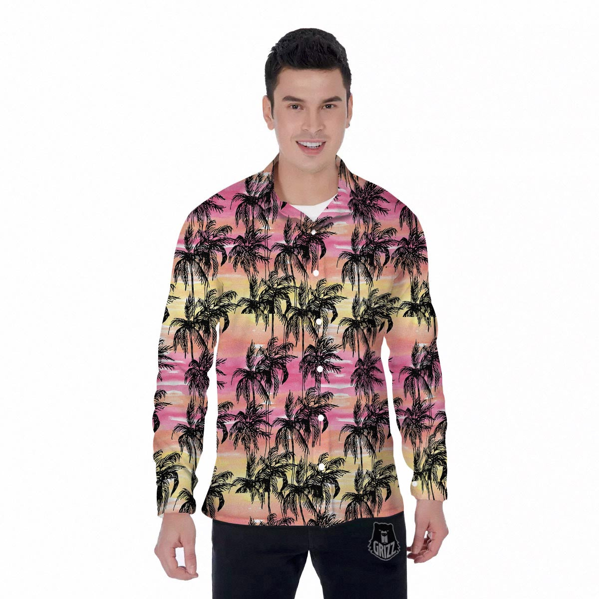 Palm Tree Sunset Print Pattern Men's Long Sleeve Shirts
