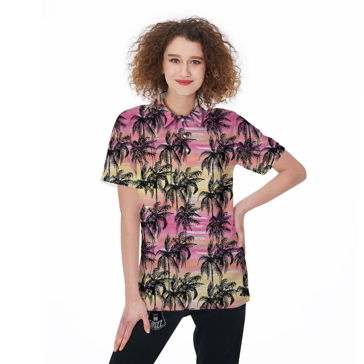 Palm Tree Sunset Print Pattern Women's Golf Shirts
