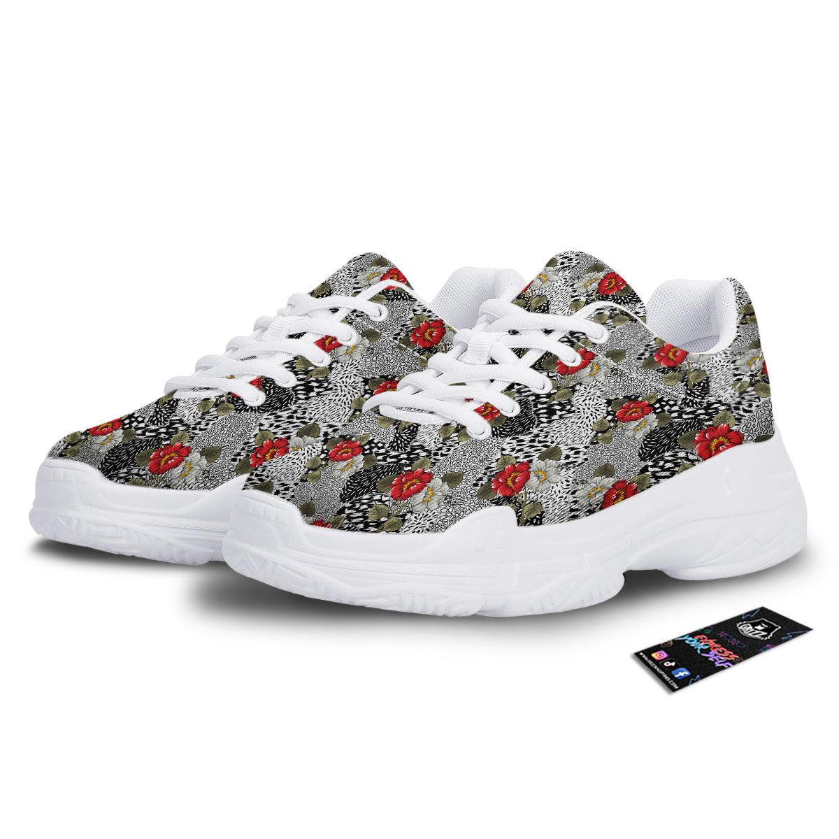 Patchwork Black White And Floral Print Pattern White Chunky Shoes