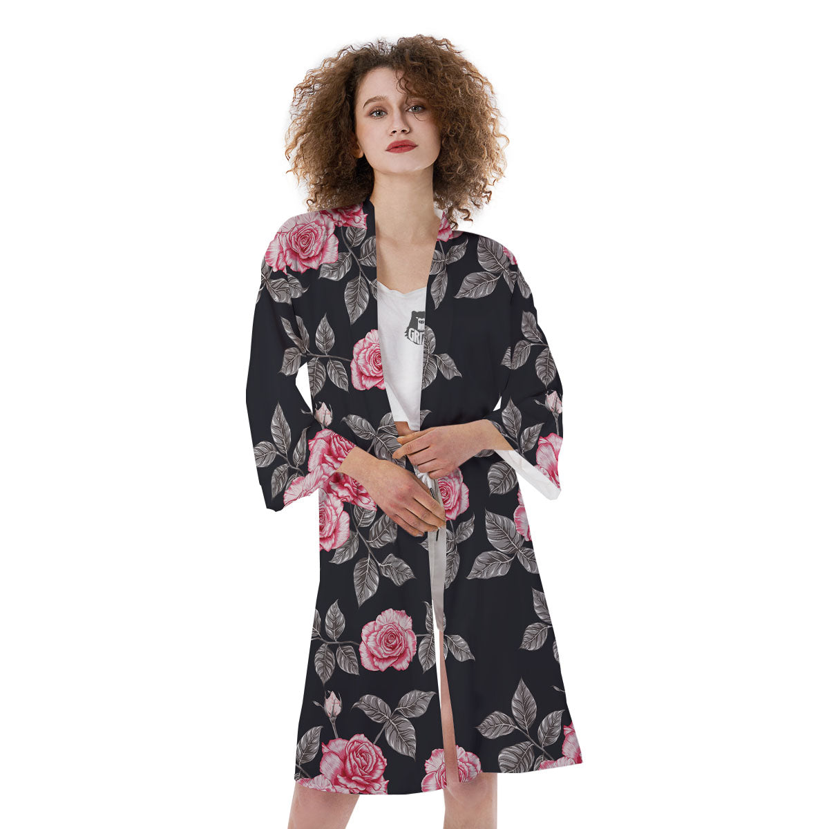 Rose Pink Print Pattern Kimono