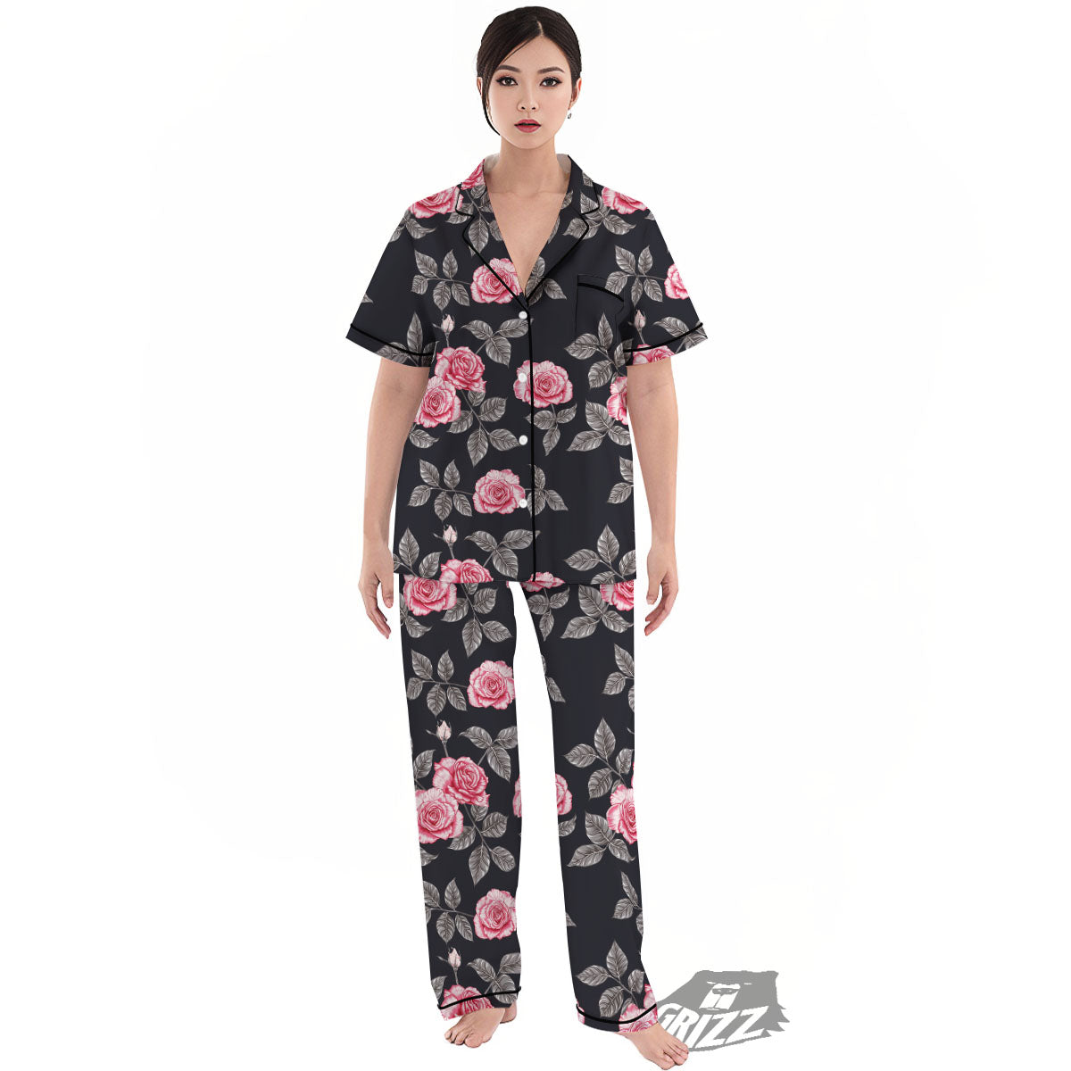 Rose Pink Print Pattern Women's Pajamas Set