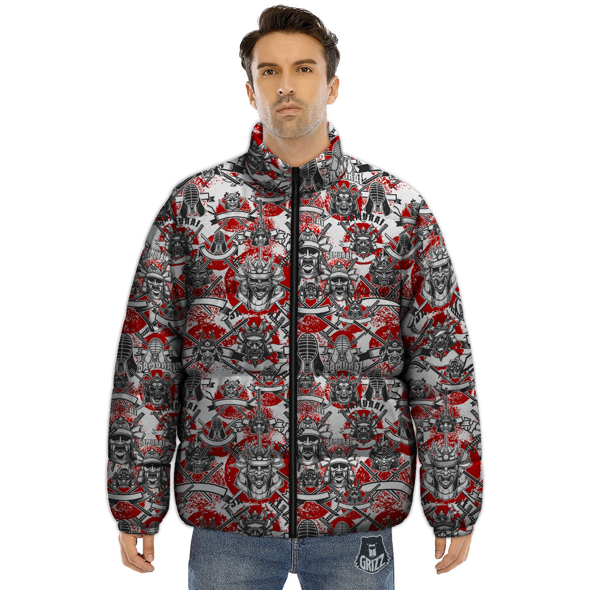 Samurai Japanese Print Pattern Puffer Jacket
