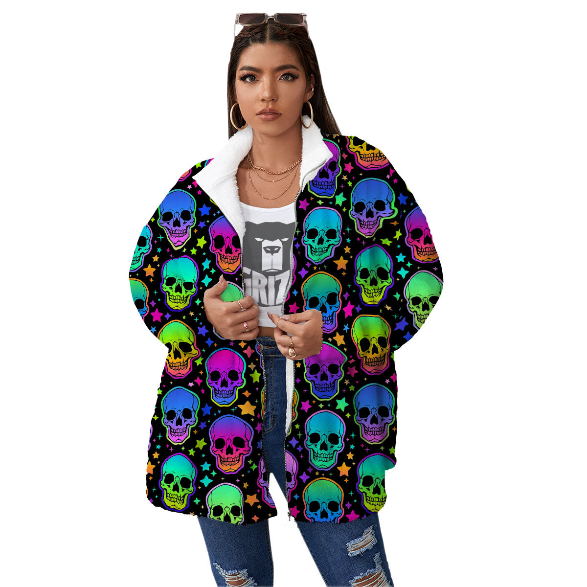 Skull Psychedelic Print Pattern Women's Sherpa Jacket