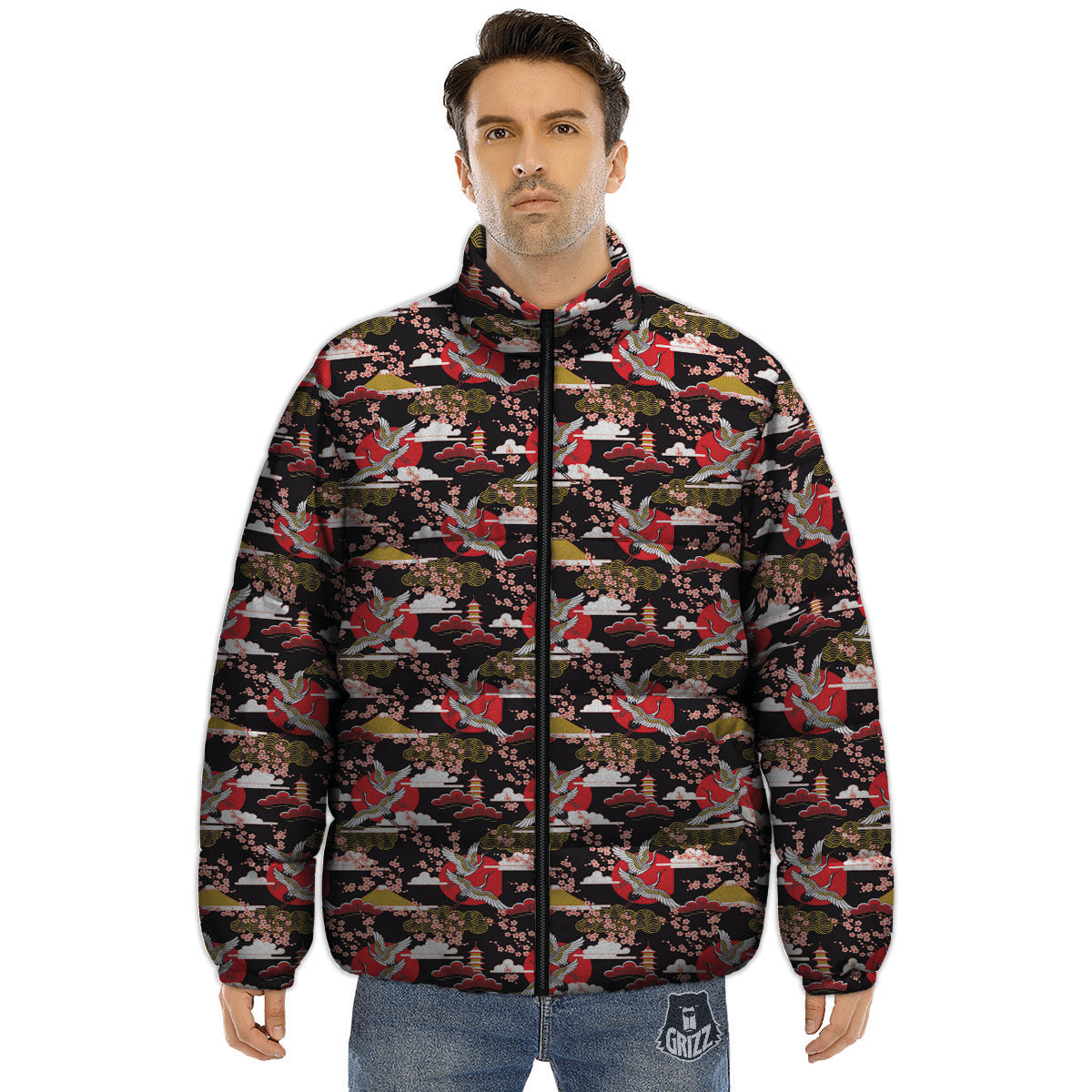 Traditional Japanese Print Pattern Puffer Jacket