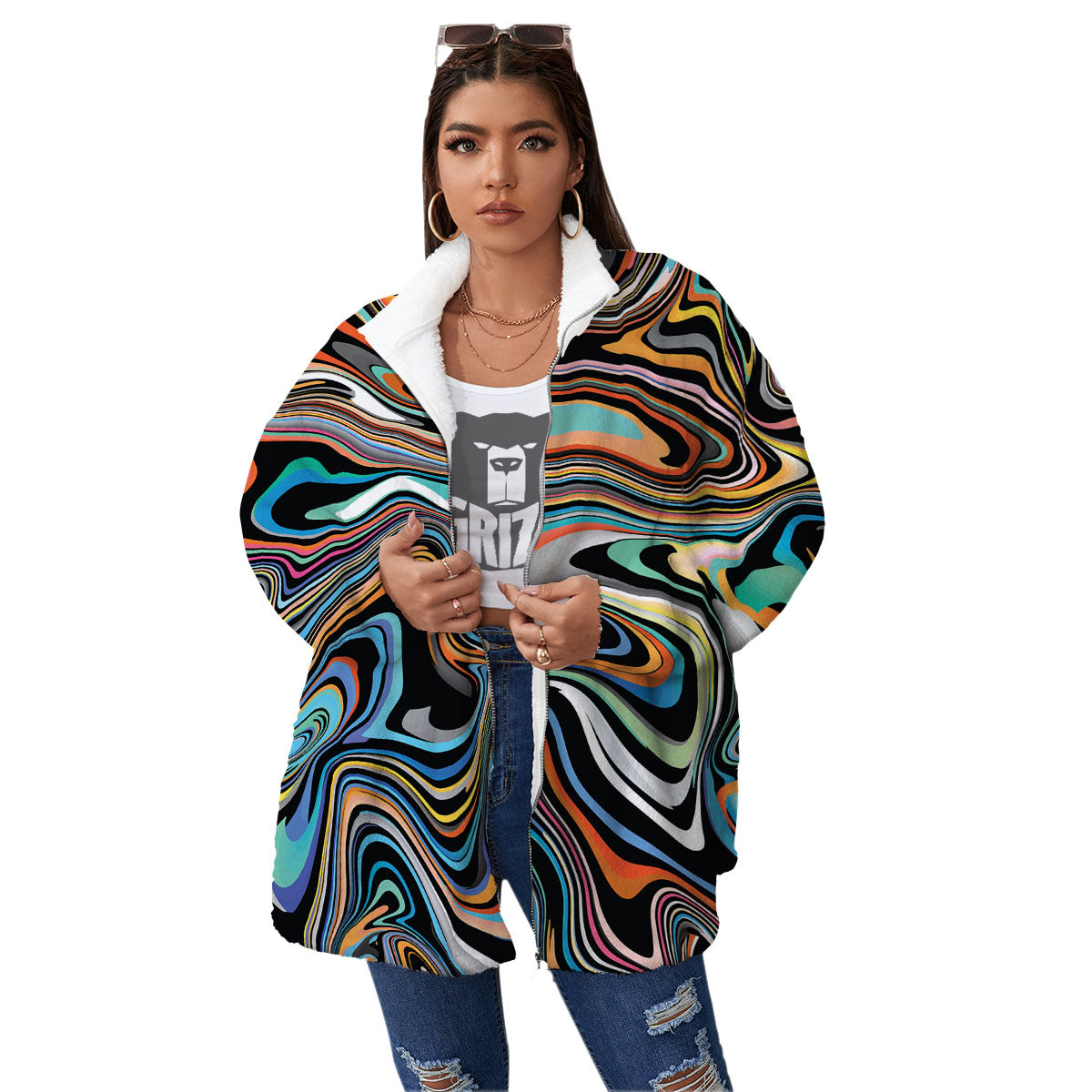 Wavy Psychedelic Print Pattern Women's Sherpa Jacket