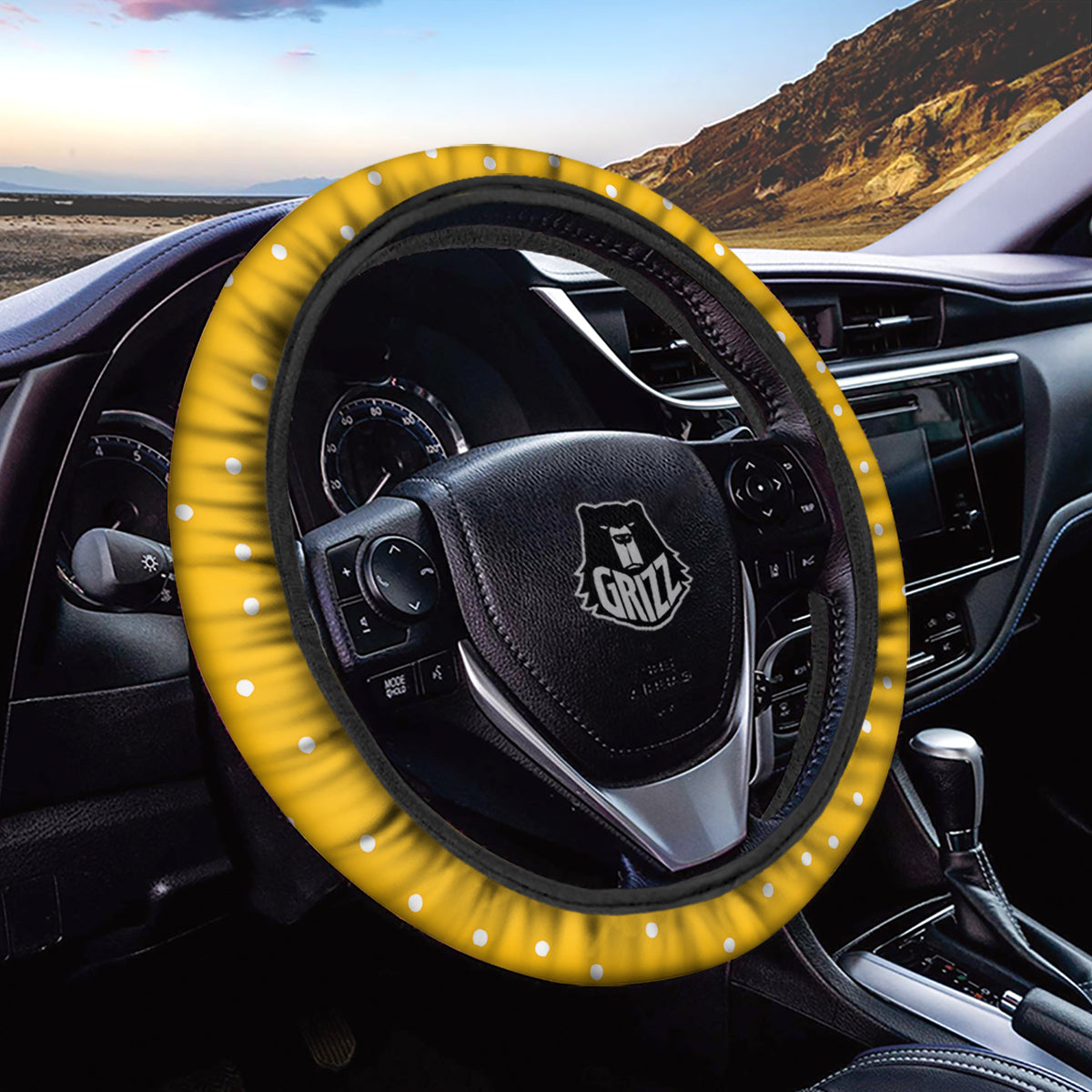 Yellow And White Polka Dot Print Pattern Car Steering Wheel Cover