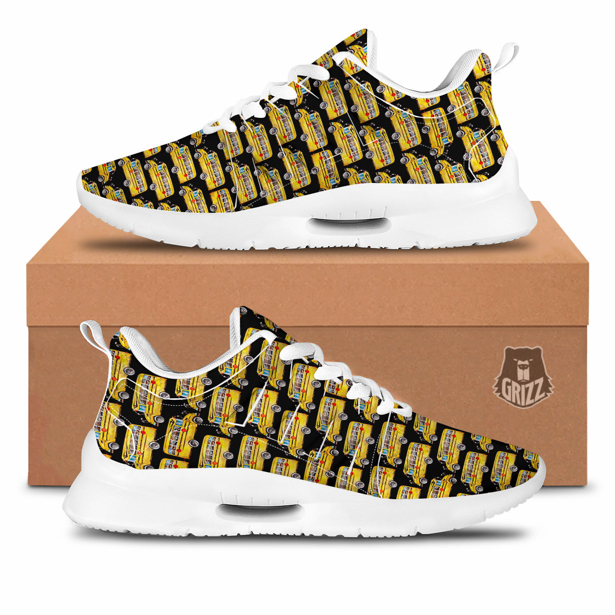 Yellow Bus Print Pattern Tennis Shoes