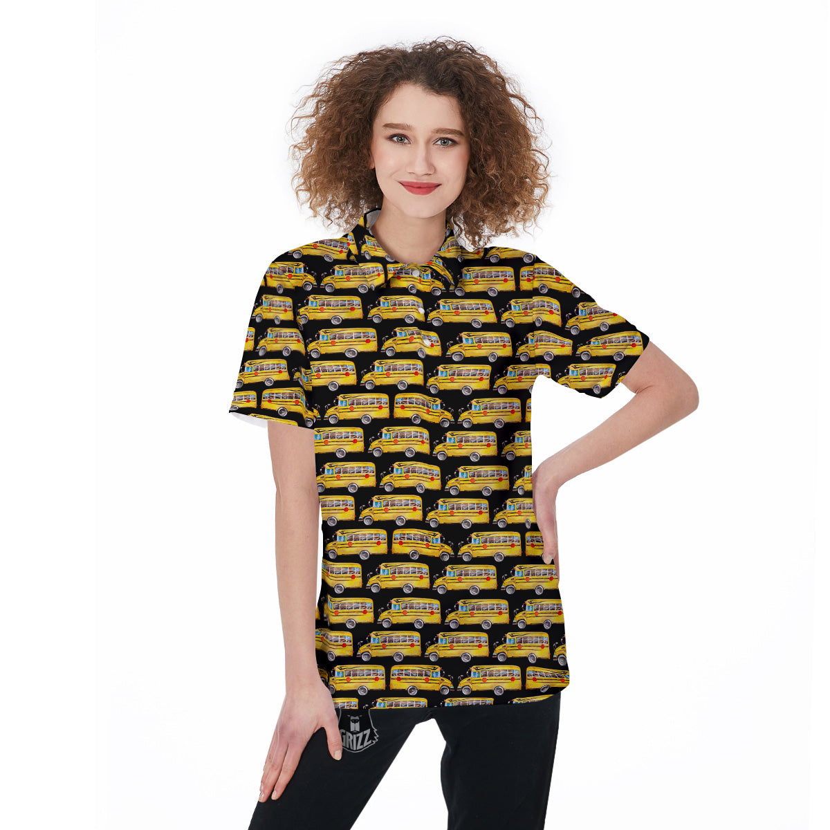 Yellow Bus Print Pattern Women's Golf Shirts
