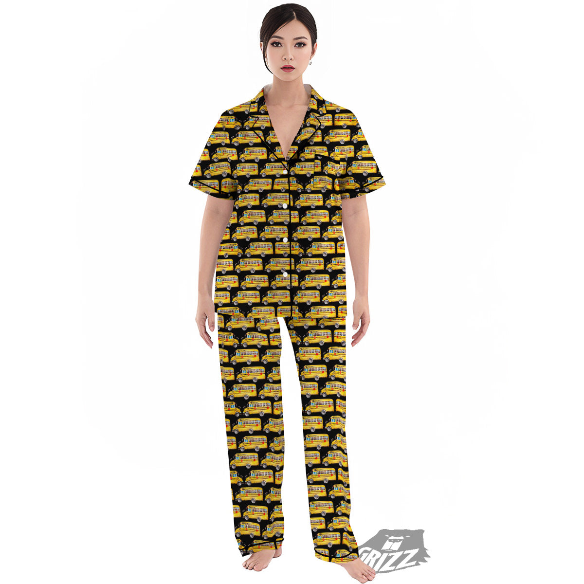 Yellow Bus Print Pattern Women's Pajamas Set