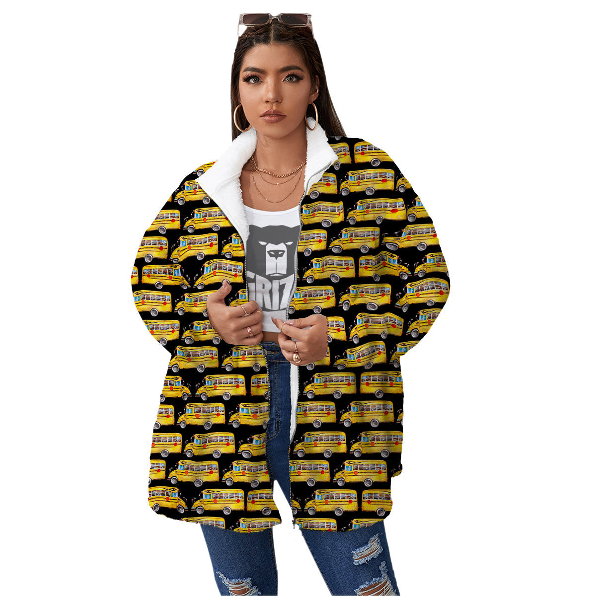 Yellow Bus Print Pattern Women's Sherpa Jacket