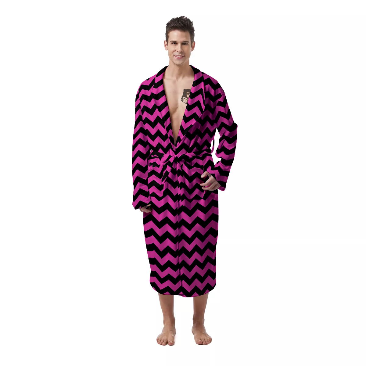 Black Chevron And Hot Pink Print Pattern Men's Robe