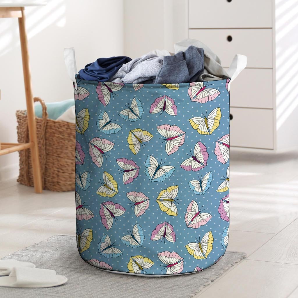 Blue Polka Dots Butterfly Print Laundry Basket