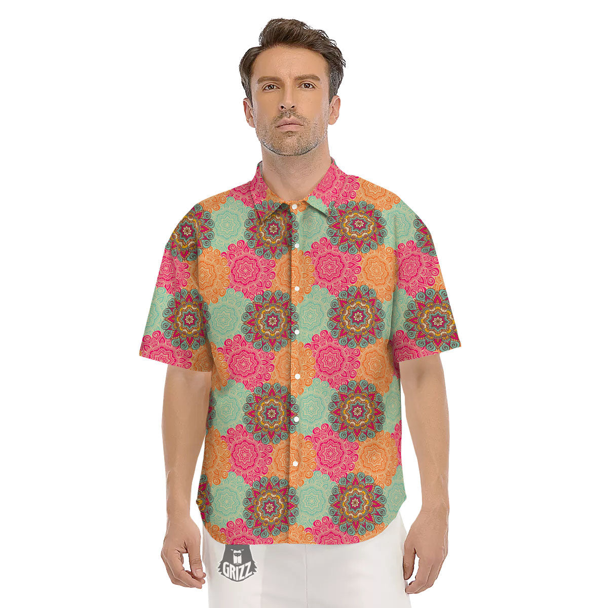 Bohemian Sangria Mandala Print Pattern Men's Short Sleeve Shirts