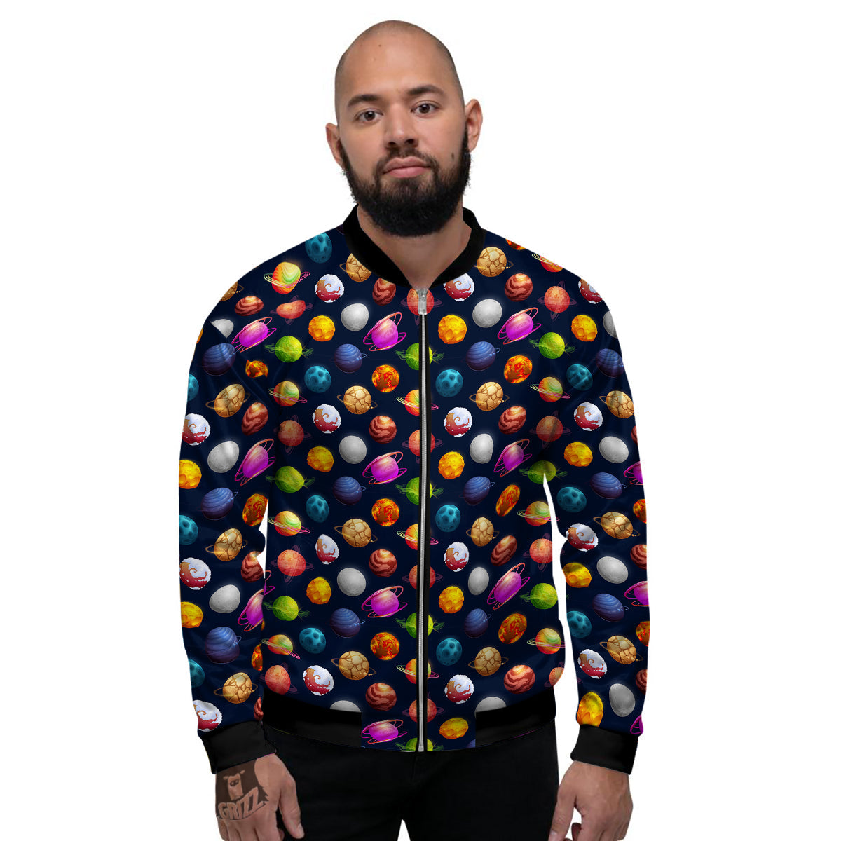 Cartoon Futuristic Planets Colorful Print Pattern Men's Bomber Jacket
