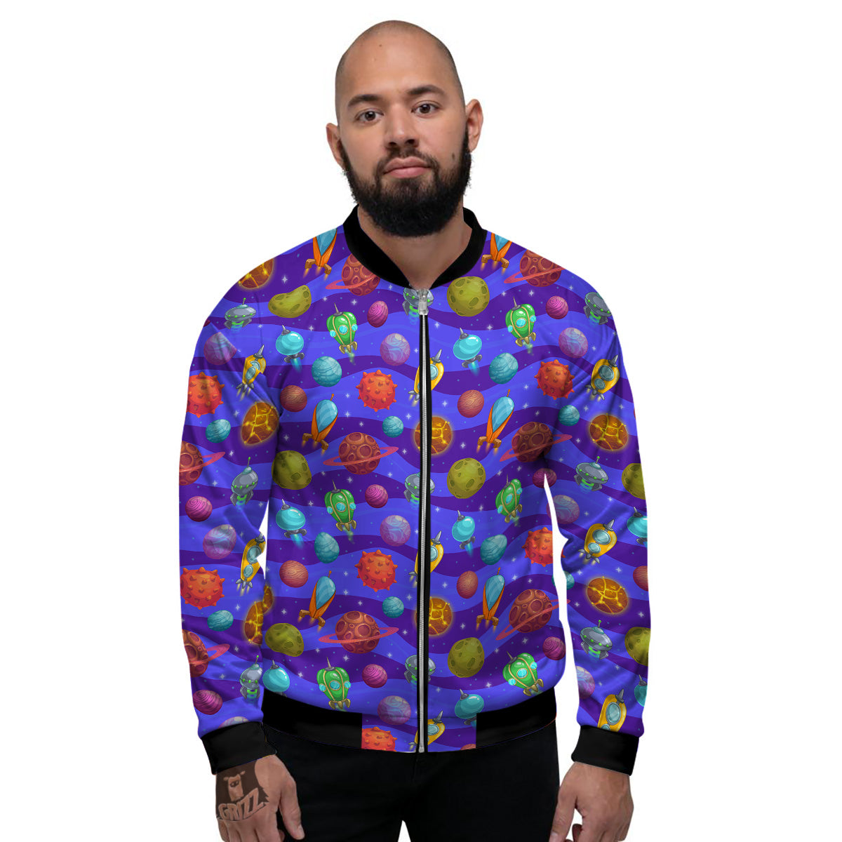Cartoon Space Ships And Planets Print Pattern Men's Bomber Jacket