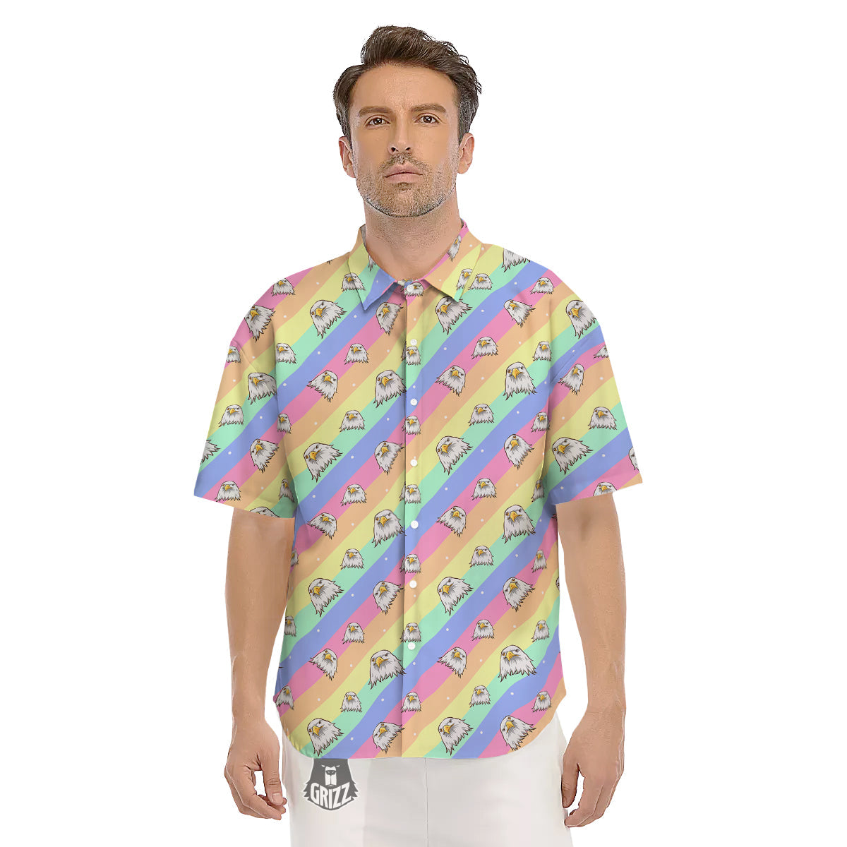 Cute Eagle Rainbow Print Pattern Men's Short Sleeve Shirts