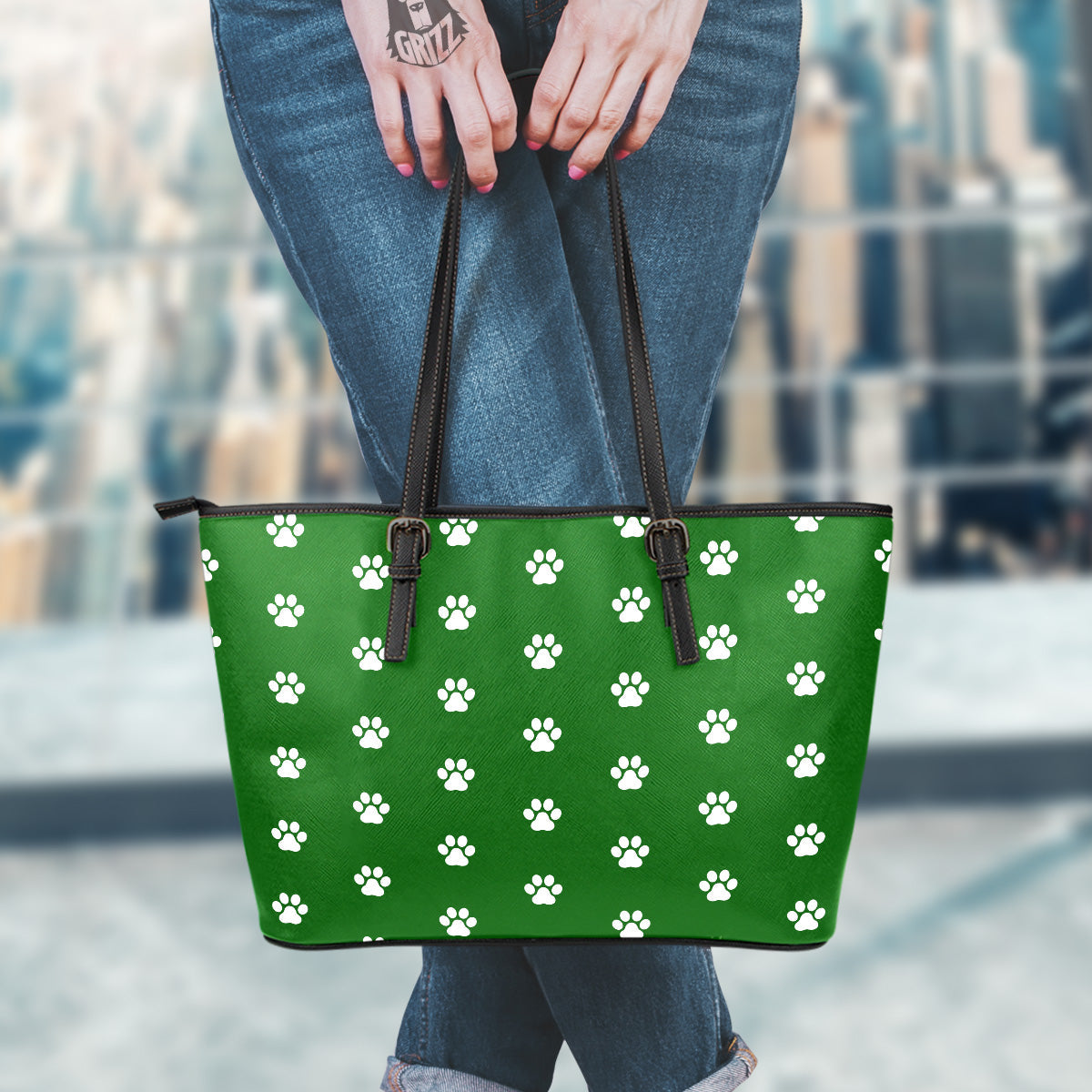 Dark Green Paw Print Leather Tote Bag