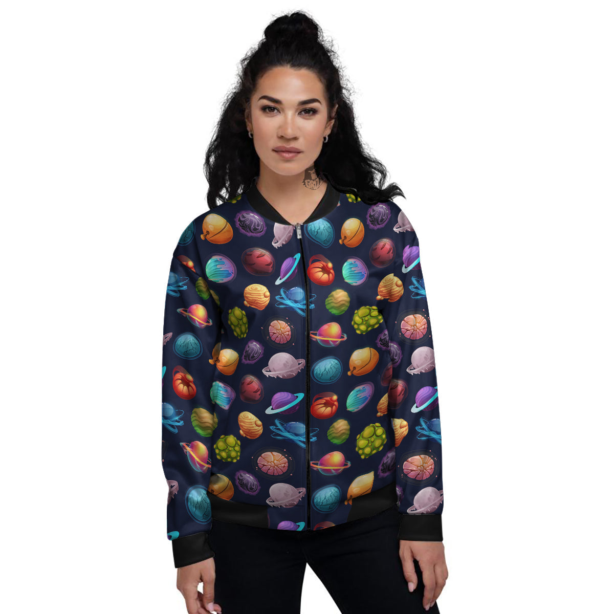 Futuristic Planets And Stars Colorful Print Pattern Women's Bomber Jac