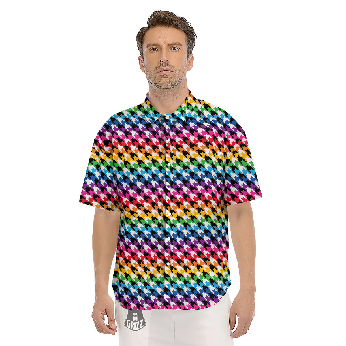 Houndstooth Rainbow Pride Print Pattern Men's Short Sleeve Shirts