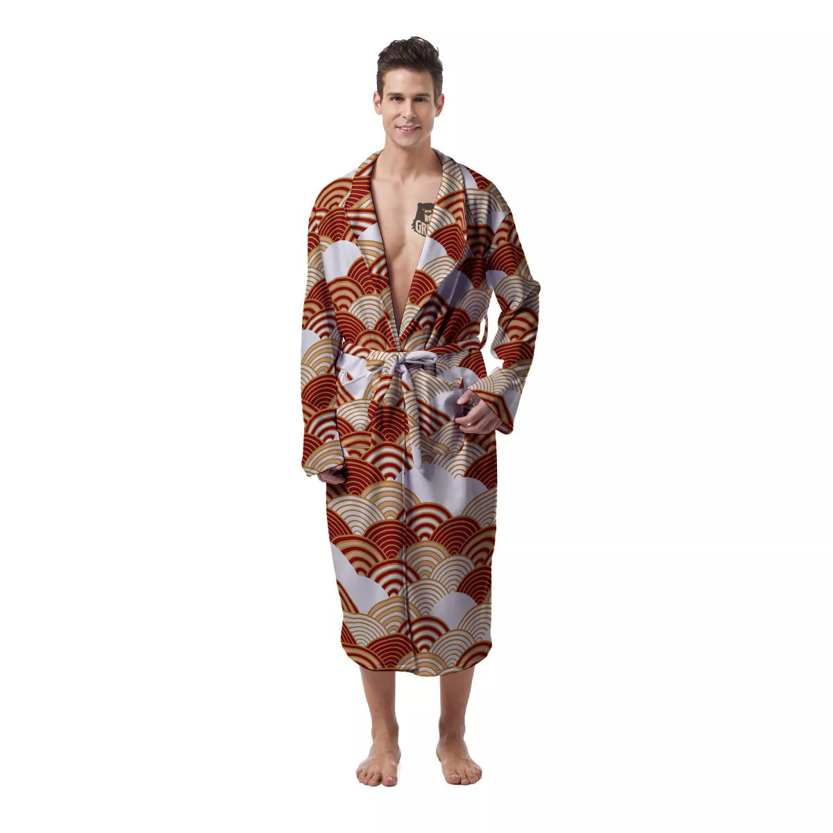 Japanese Beige And Red Print Pattern Men's Robe