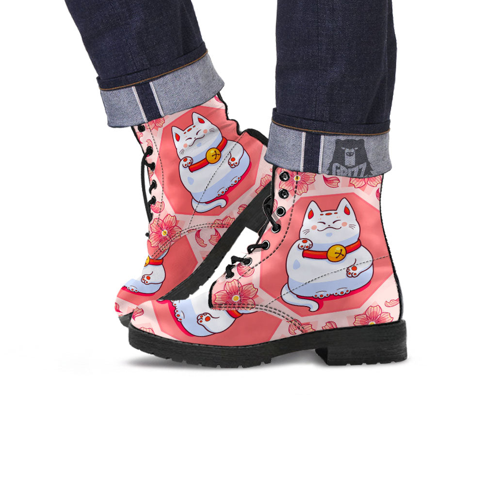 Lucky Cat And Sakura Japanese Print Leather Boots
