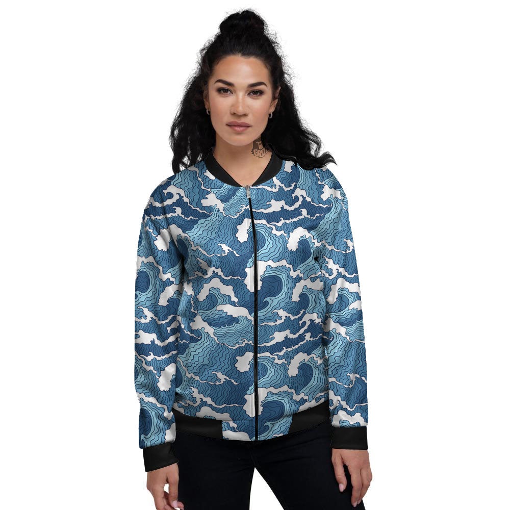 Ocean Wave Japanese Print Pattern Women's Bomber Jacket