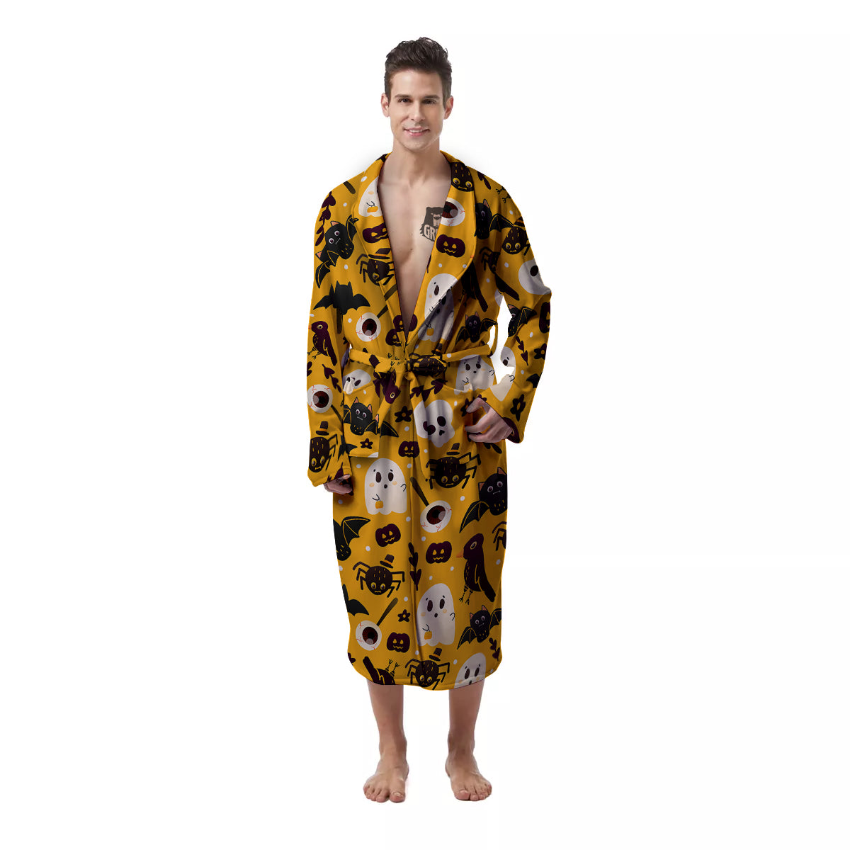 Orange Color Halloween Cute Print Pattern Men's Robe