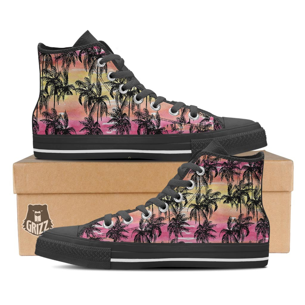 Palm Tree Sunset Print Pattern Black High Top Shoes