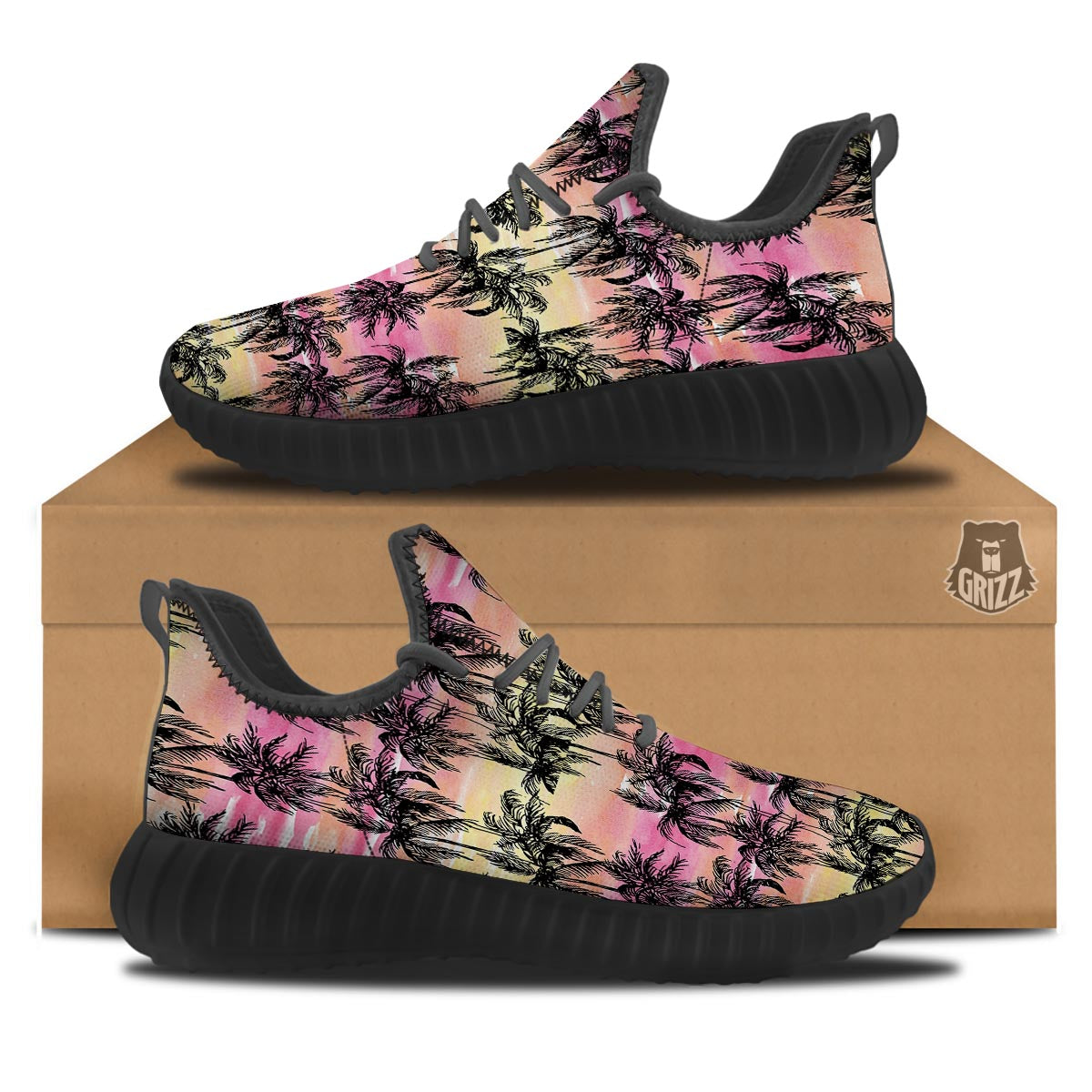 Palm Tree Sunset Print Pattern Black Walking Shoes