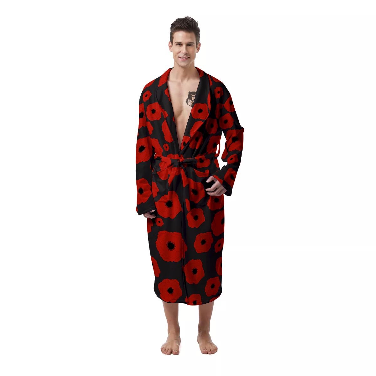 Poppy Red Print Pattern Men's Robe